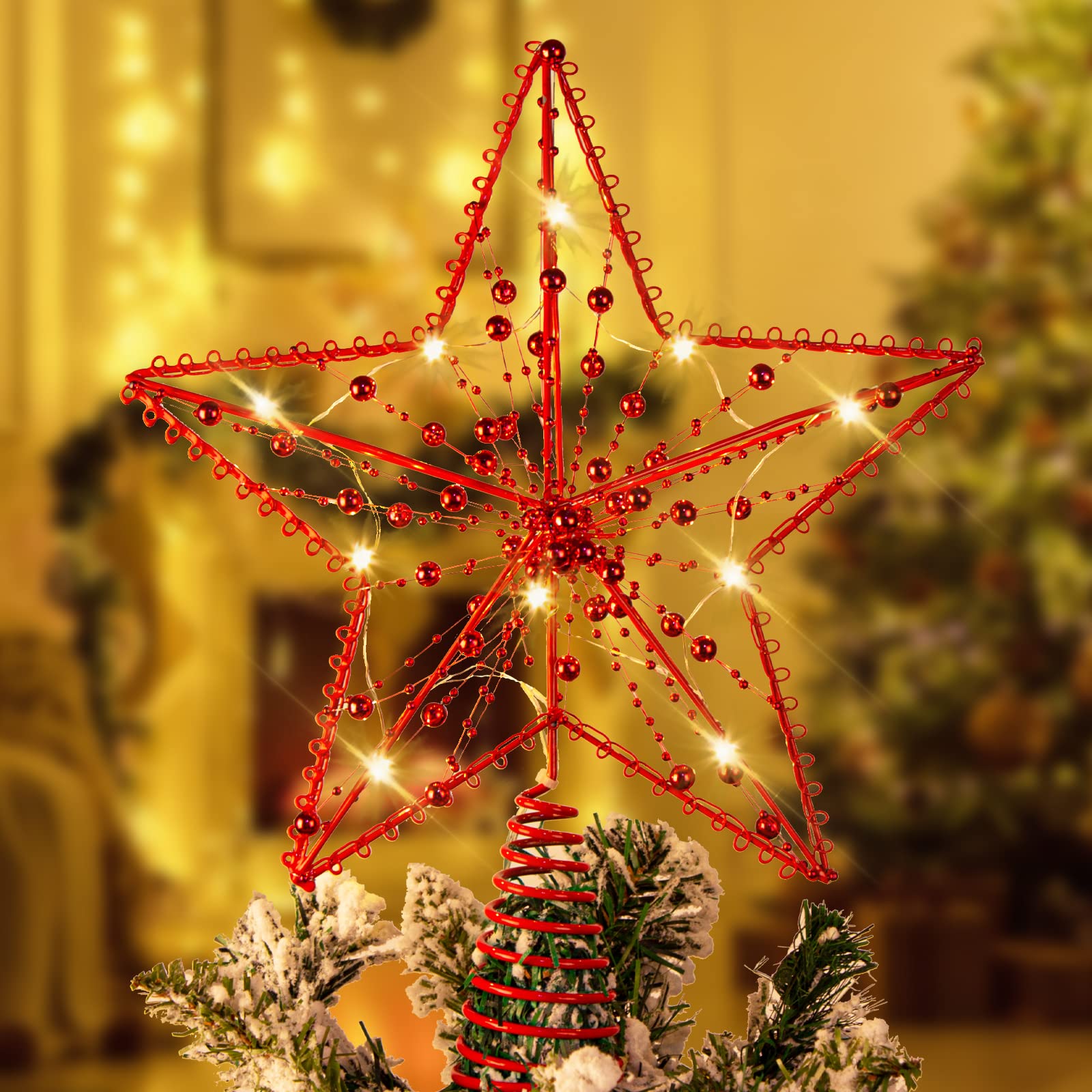 LAWOHO Christmas Tree Topper Star, 10 Inch LED Star Tree Topper, Red Beads Design Christmas Tree Star, Battery Powered Lighted Xmas Tree Topper for Holiday Seasonal Christmas Tree Decorations