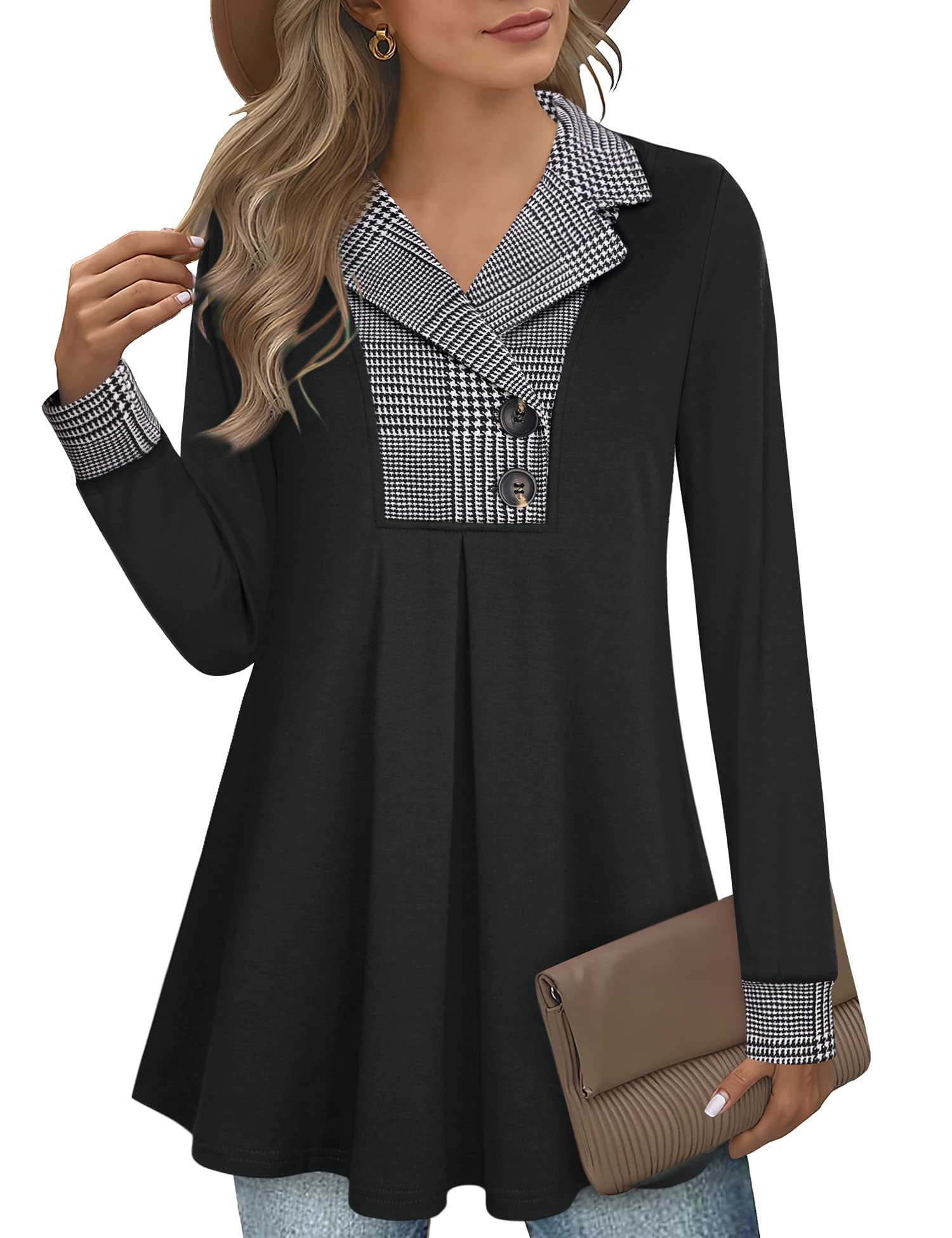 Gaharu Pullover Tunic Tops Ladies Long Sleeve Fall Top Lapel Tunic Sweaters for Women to Wear With Leggings Flowy Shirts Comfy Sweatshirts Black and White,L