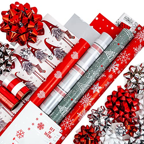 Reversible Wrapping Paper Christmas Bundle with Bows, Ribbon, and Gift Tags (4 Rolls with 29 Coordinated Bows, 2 Spools of Ribbons, and 24 Gift Tags)