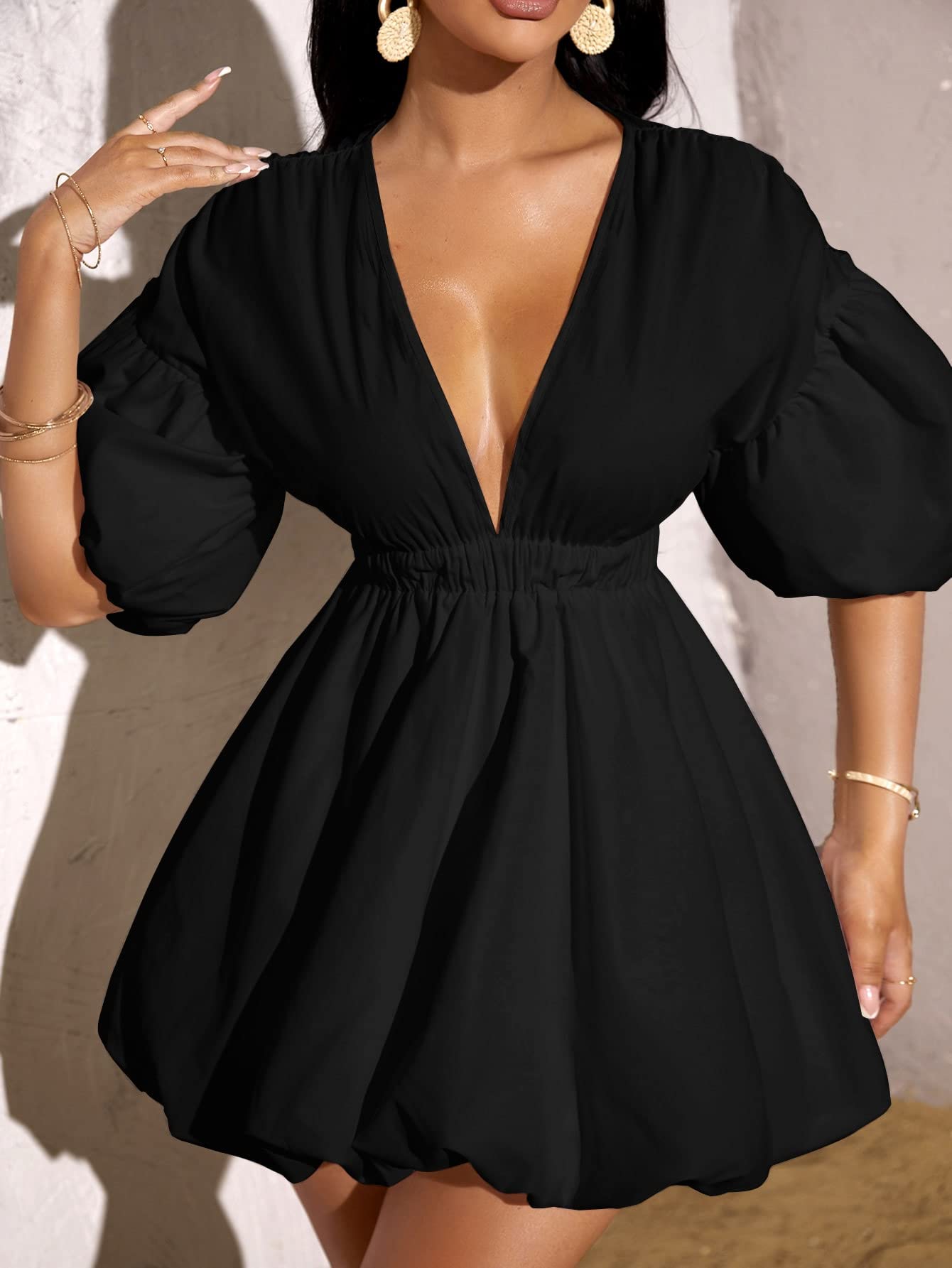 WDIRARA Women's Deep V Neck Puff Sleeve High Rise Flare Dress Elastic Waist Dress Black S