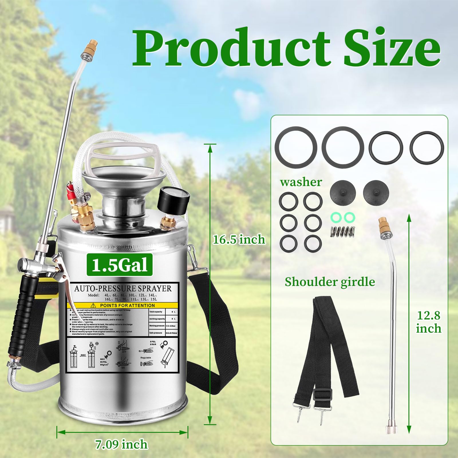 Kweetle 1.5Gal Stainless Steel Pump Up Sprayer Reinforced Hose, Hand Pump Sprayer with Pressure Gauge&Safety Valve, Adjustable Nozzle Suitable for Gardening (1.5 Gallon)