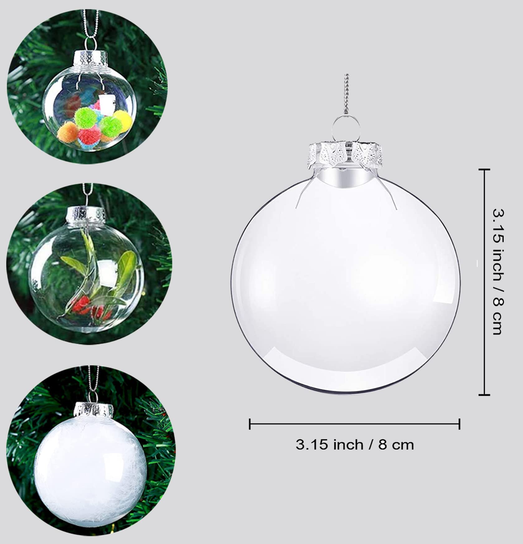 12Pcs Christmas Ornaments 3.15 Inch Clear Plastic Discs Flat Transparent Fillable Balls with Rope and Removable Metal Cap Christmas Hanging Ornaments for Craft DIY Christmas Tree Wreath Decor(80mm)