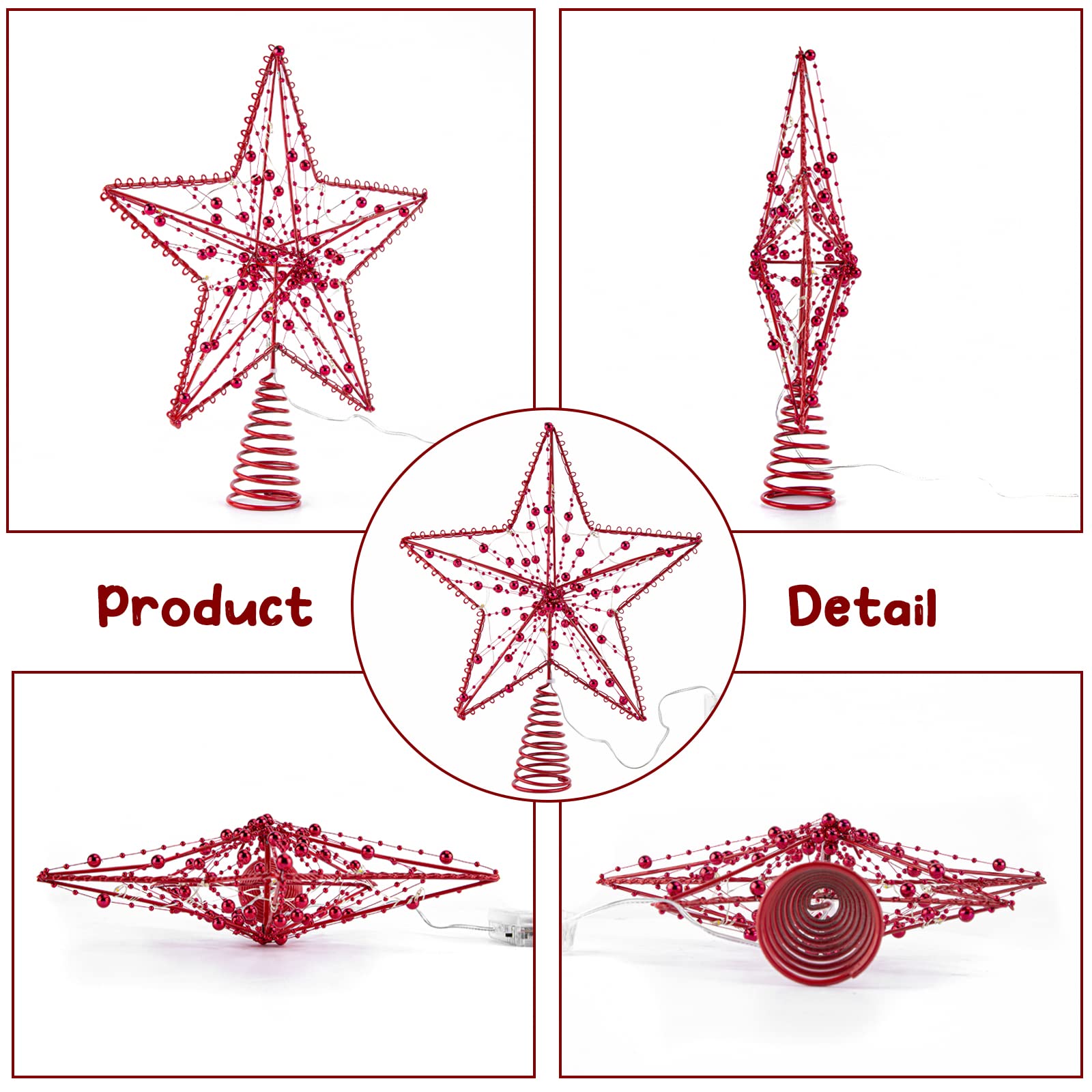 LAWOHO Christmas Tree Topper Star, 10 Inch LED Star Tree Topper, Red Beads Design Christmas Tree Star, Battery Powered Lighted Xmas Tree Topper for Holiday Seasonal Christmas Tree Decorations