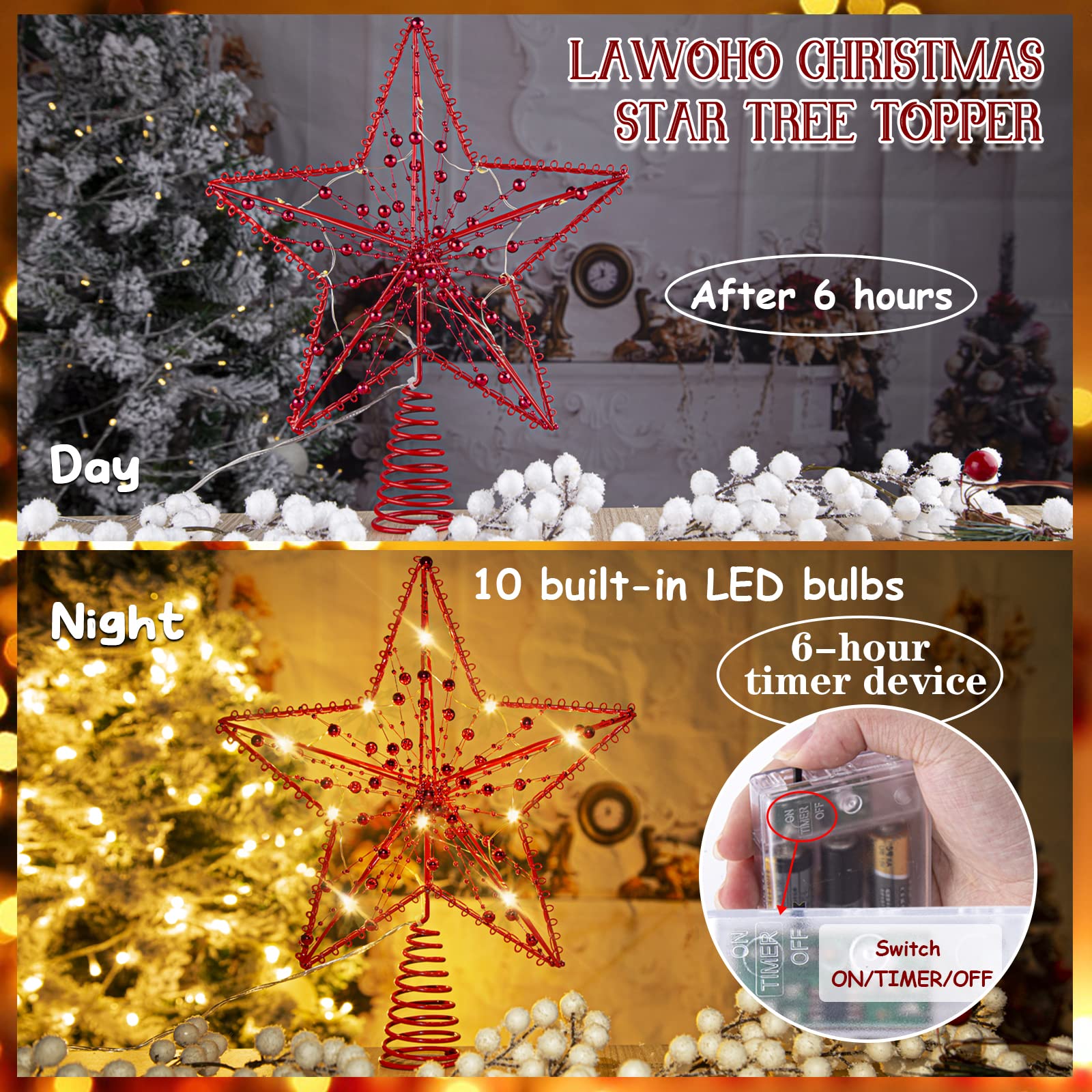 LAWOHO Christmas Tree Topper Star, 10 Inch LED Star Tree Topper, Red Beads Design Christmas Tree Star, Battery Powered Lighted Xmas Tree Topper for Holiday Seasonal Christmas Tree Decorations