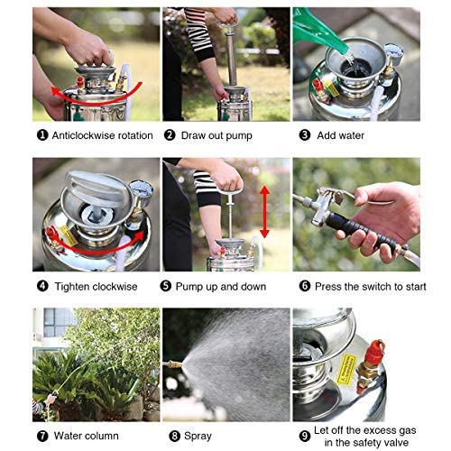 Kweetle 1.5Gal Stainless Steel Pump Up Sprayer Reinforced Hose, Hand Pump Sprayer with Pressure Gauge&Safety Valve, Adjustable Nozzle Suitable for Gardening (1.5 Gallon)
