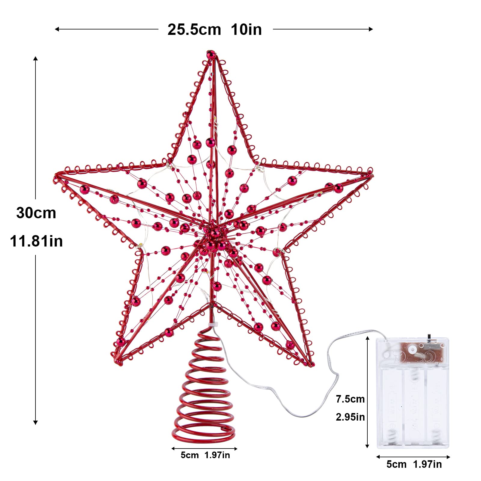 LAWOHO Christmas Tree Topper Star, 10 Inch LED Star Tree Topper, Red Beads Design Christmas Tree Star, Battery Powered Lighted Xmas Tree Topper for Holiday Seasonal Christmas Tree Decorations