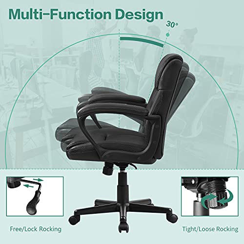 Shahoo Executive Office Chair Mid Back Swivel Computer Task, Ergonomic Leather-Padded Desk Seats with Lumbar Support,Armrests, Black
