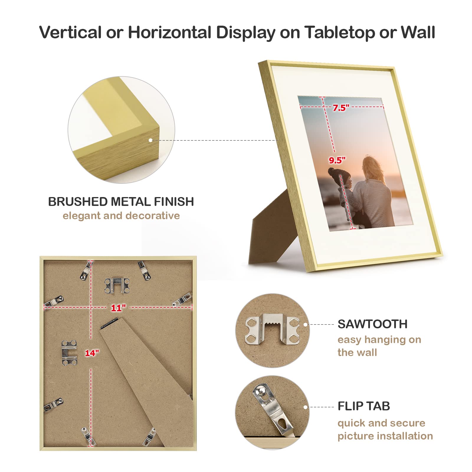 FOLKOR 11x14 Gold Picture Frame with Mat for 8x10, 11 by 14 Metal Frame with Stand, Tabletop or Wall Mounting, 11x14 Photo Frame for Posters/Prints/Landscape/Portrait/Gallery Wall Art (Gold, 1 Pack)