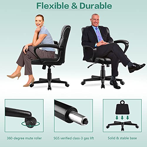 Shahoo Executive Office Chair Mid Back Swivel Computer Task, Ergonomic Leather-Padded Desk Seats with Lumbar Support,Armrests, Black