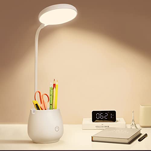 IIOSUYUI Desk Lamp for Home Office Dorm, Rechargeable Small LED Desk Light with Pen/Phone Holder, Eye-Caring Small Table Lamp with 3 Color Light Modes, USB Night Light for Students Dorm, Kids Room