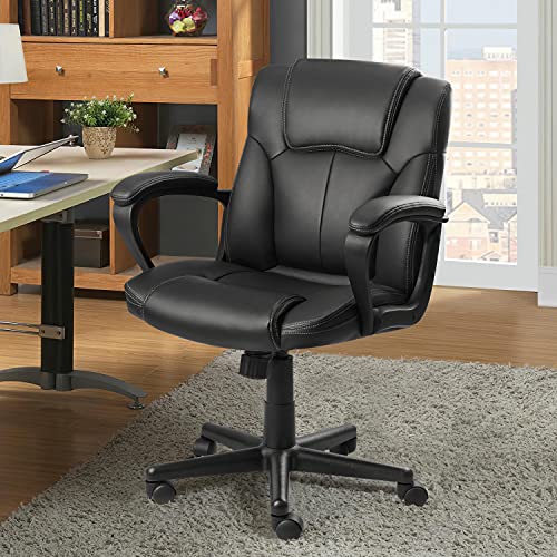 Shahoo Executive Office Chair Mid Back Swivel Computer Task, Ergonomic Leather-Padded Desk Seats with Lumbar Support,Armrests, Black