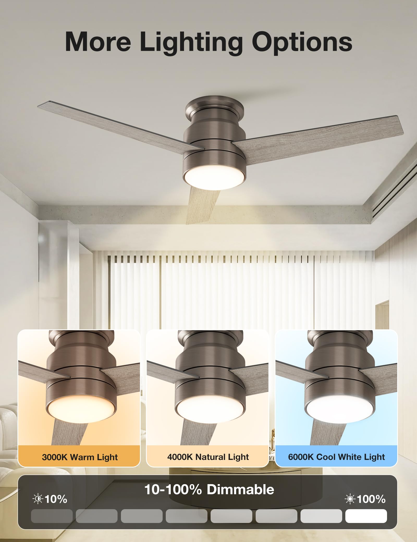 warmiplanet Flush Mount Ceiling Fans with Lights and Remote Control, 52-Inch,3 CCT Dimmable Light, Reversible Noiseless 6 Speeds DC Motor, Timer, Antique Nickel, 3-Blades