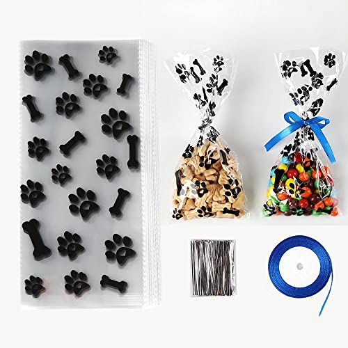 Mosoisy 100 Pack Paw Print Clear Plastic Cellophane Bags - Dog Paw Treat Bags 10.5X5" With Ribbon and Twist Ties Dog Gift Bags Candy Bags Cookie Bags Treat Bags with Ties and Ribbon Cellophane Treat Bags for Dog Party Favor and Supplies