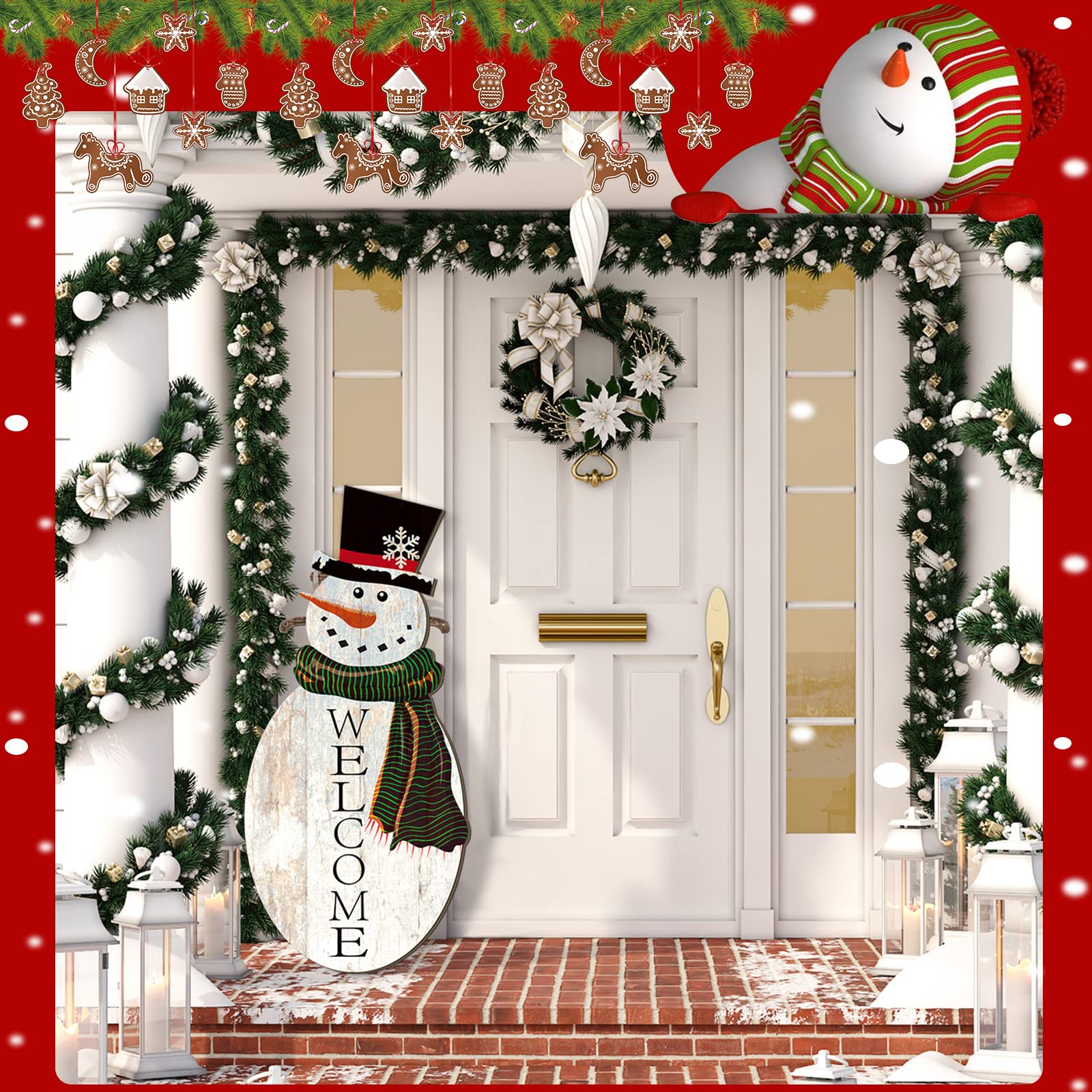 32 Inches Christmas Welcome Sign for Front Door Porch Farmhouse Christmas Wall Hanging Snowman Sign Rustic Wood Porch Decorations Outdoor Indoor Vertical Front Door Decor Primitive Welcome Porch Sign