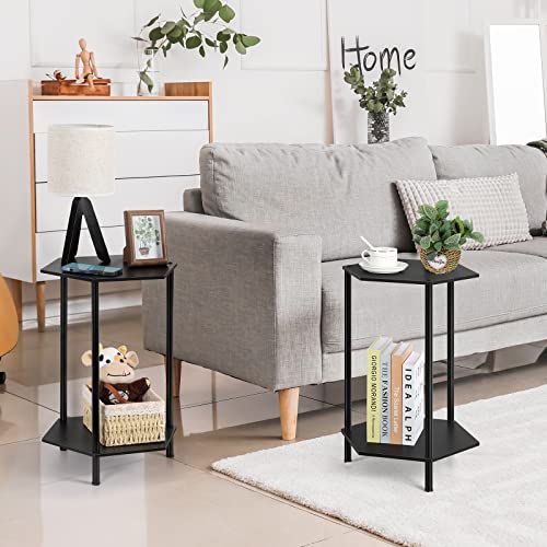 Vrisa End Table Set of 2 Bedside Tables for Small Spaces Hexagonal Side Table Bamboo Nightstands Set of 2 with Storage 2-Tier Space Saving for Living Room, Bedroom, Office Black
