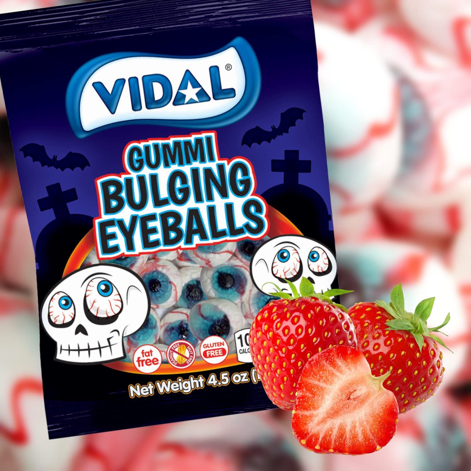 Halloween Gummy Bulging Eyeballs, Individually Bagged Candies, Freaky Candy Packs, (Pack of 3)