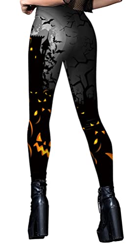 GLUDEAR Women's Halloween Pumpkin Head Print Ankle Length Seasonal Holiday Leggings Tights Workout,Bat Museum,M