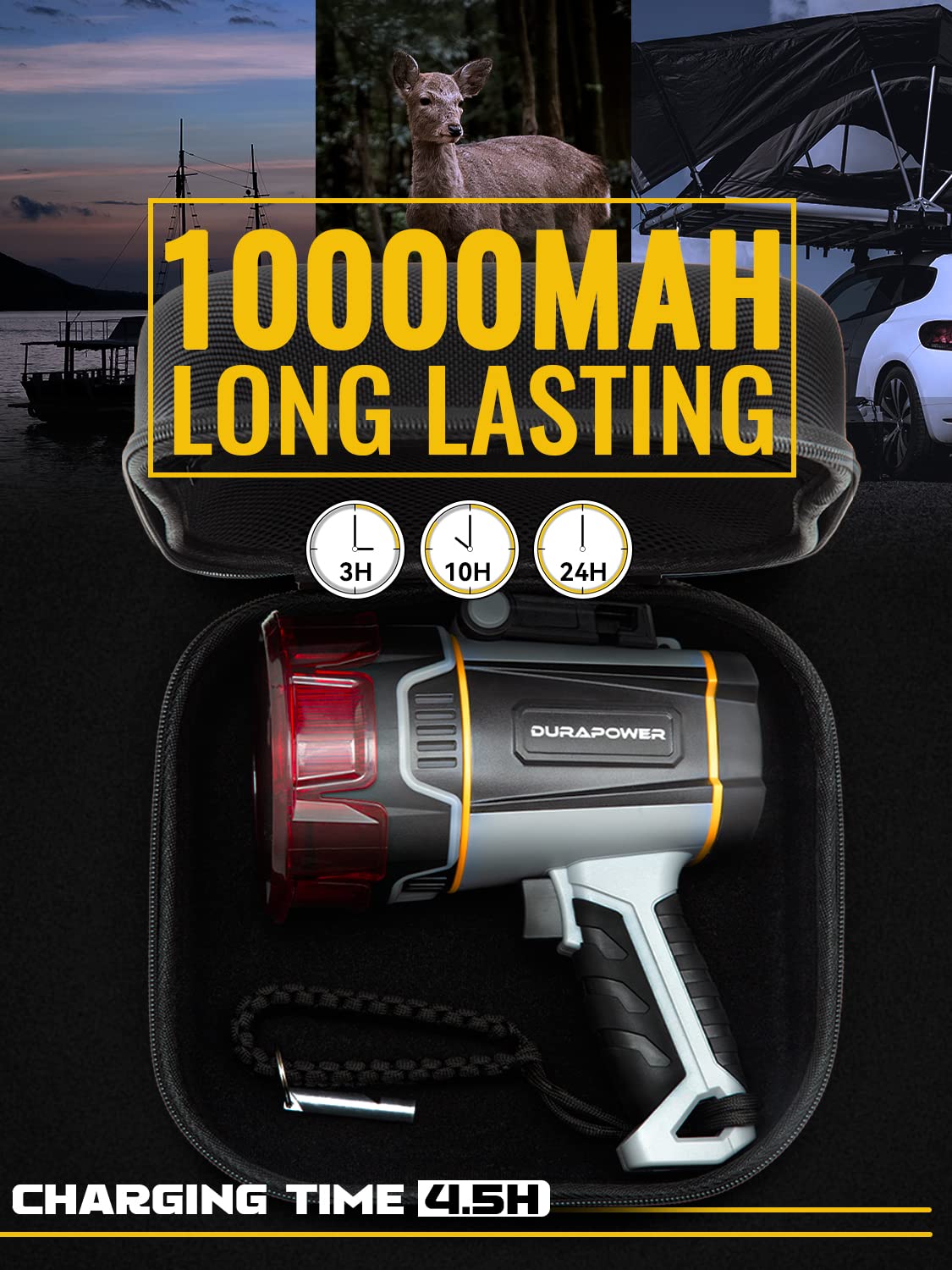 Durapower Rechargeable Spotlight, 300000 Lumens LED Handheld Spotlight, 10000mAh Long Lasting IP68 Waterproof Spotlight Flashlight Portable for Marine Boat Hunting
