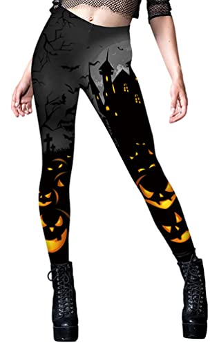 GLUDEAR Women's Halloween Pumpkin Head Print Ankle Length Seasonal Holiday Leggings Tights Workout,Bat Museum,M