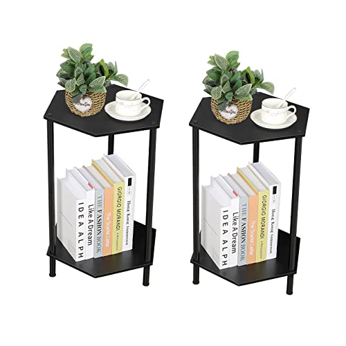 Vrisa End Table Set of 2 Bedside Tables for Small Spaces Hexagonal Side Table Bamboo Nightstands Set of 2 with Storage 2-Tier Space Saving for Living Room, Bedroom, Office Black