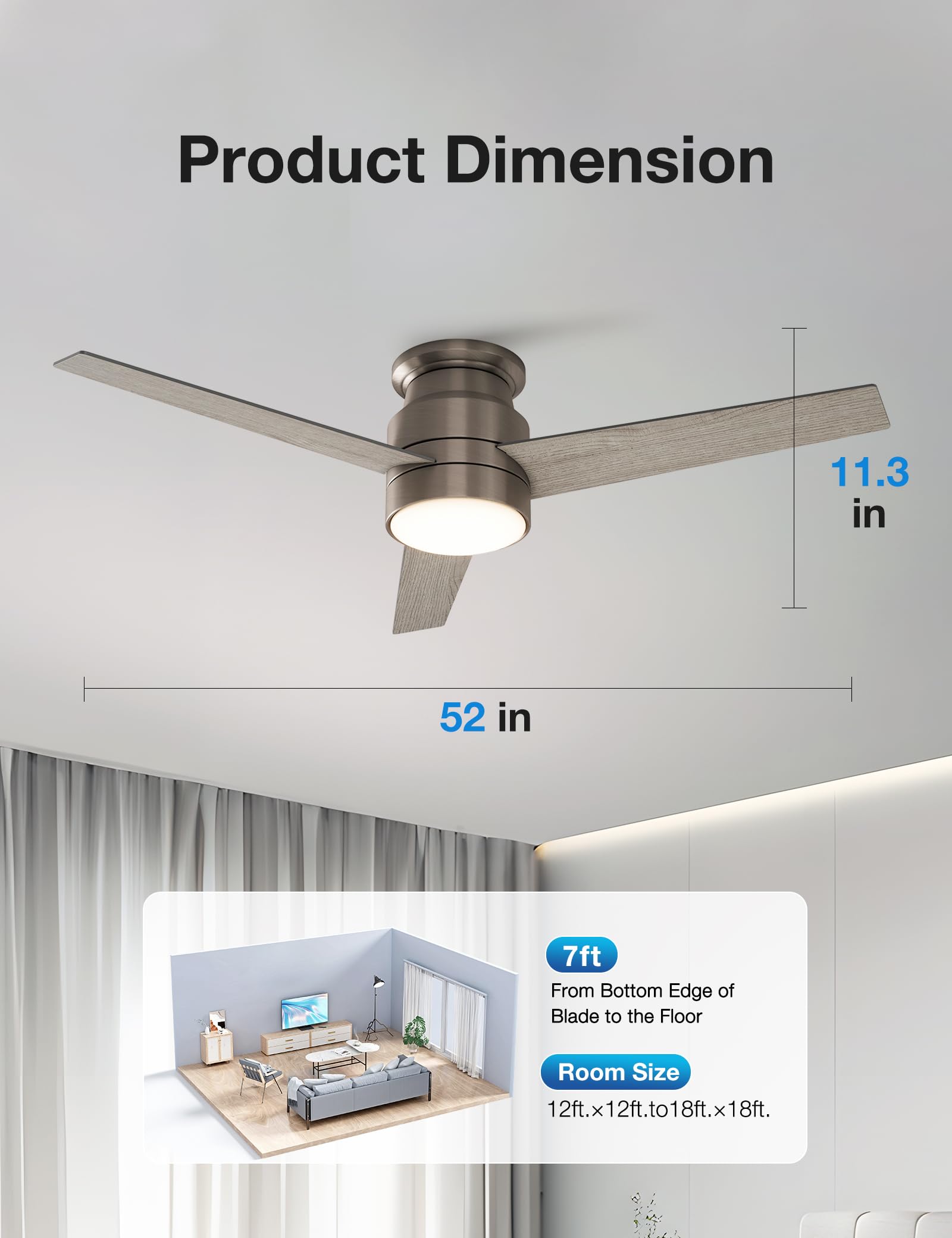 warmiplanet Flush Mount Ceiling Fans with Lights and Remote Control, 52-Inch,3 CCT Dimmable Light, Reversible Noiseless 6 Speeds DC Motor, Timer, Antique Nickel, 3-Blades