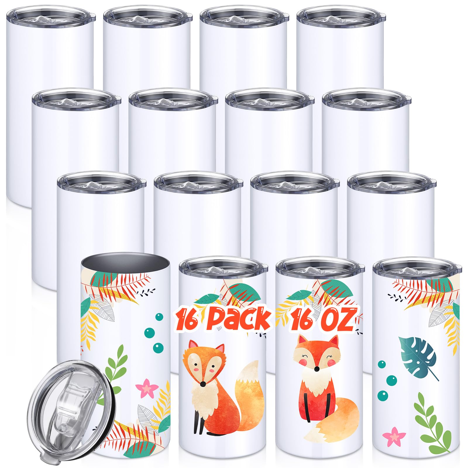 16 Pack Sublimation Skinny Tumbler Bulk 16oz Stainless Steel Straight Tumbler Slim Insulated Cup Set Double Wall Vacuum Water Tumbler Blanks White Cup with Lid for Art DIY Craft Coffee Gift Beverage