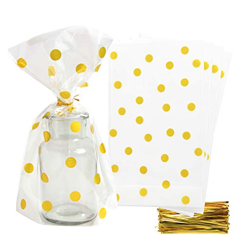 SBYURE Clear Cello Bags Plastic Gold Polka Dot Candy Bags 6x10 inch for Treat Candy Cookie Bakery Party Favor Bags,Pack of 100 with Gold Twist Ties