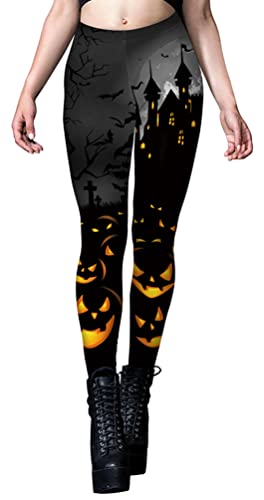 GLUDEAR Women's Halloween Pumpkin Head Print Ankle Length Seasonal Holiday Leggings Tights Workout,Bat Museum,M