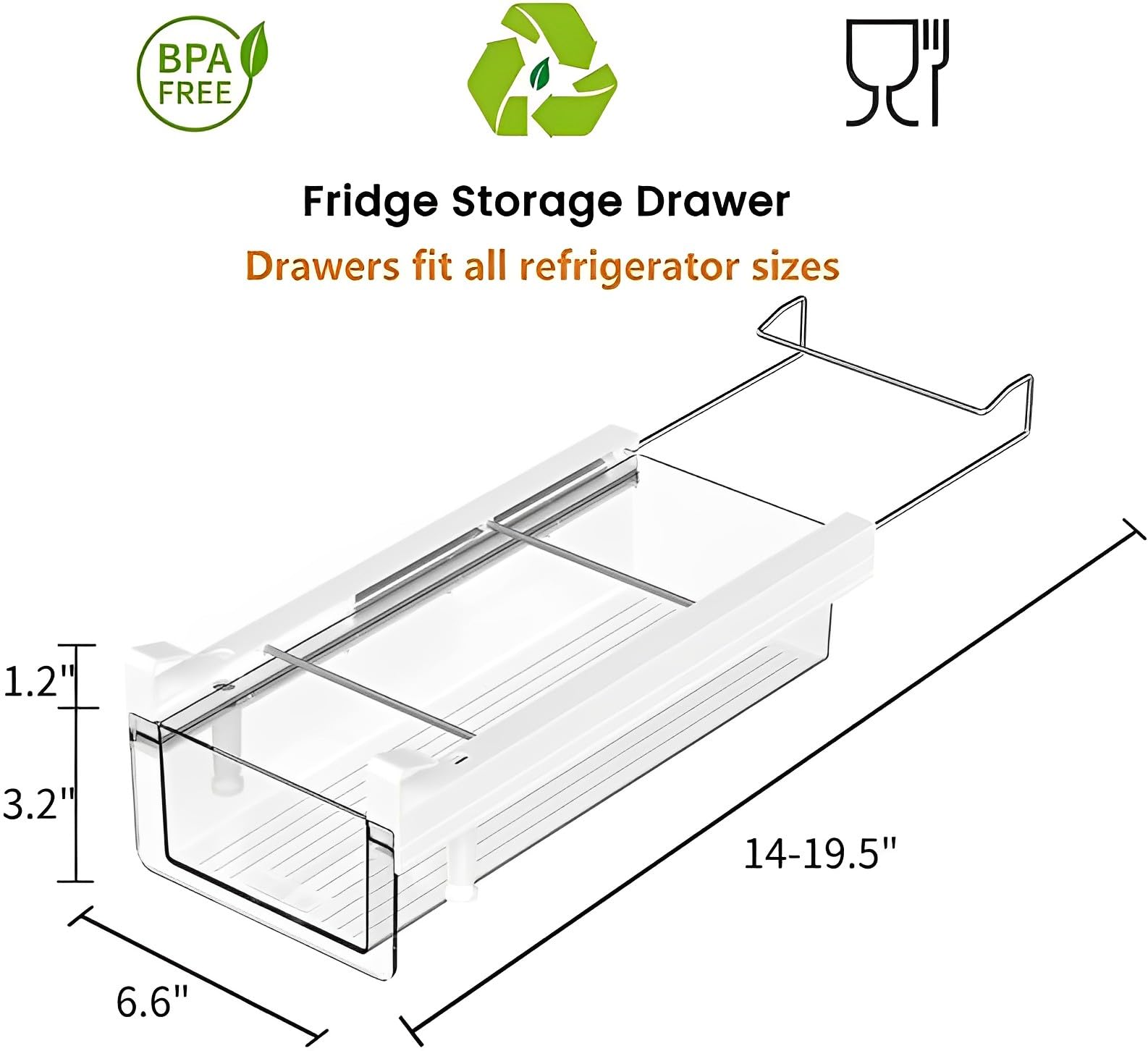 vacane Refrigerator Organizer Bins, Clear Plastic Fridge Drawer With Handle Pull Out Fridge Drawer Organizer Under Shelf Drawer For Cheese, Deli Meat, Drinks, Fruit, Vegetable, Heavy Duty-M