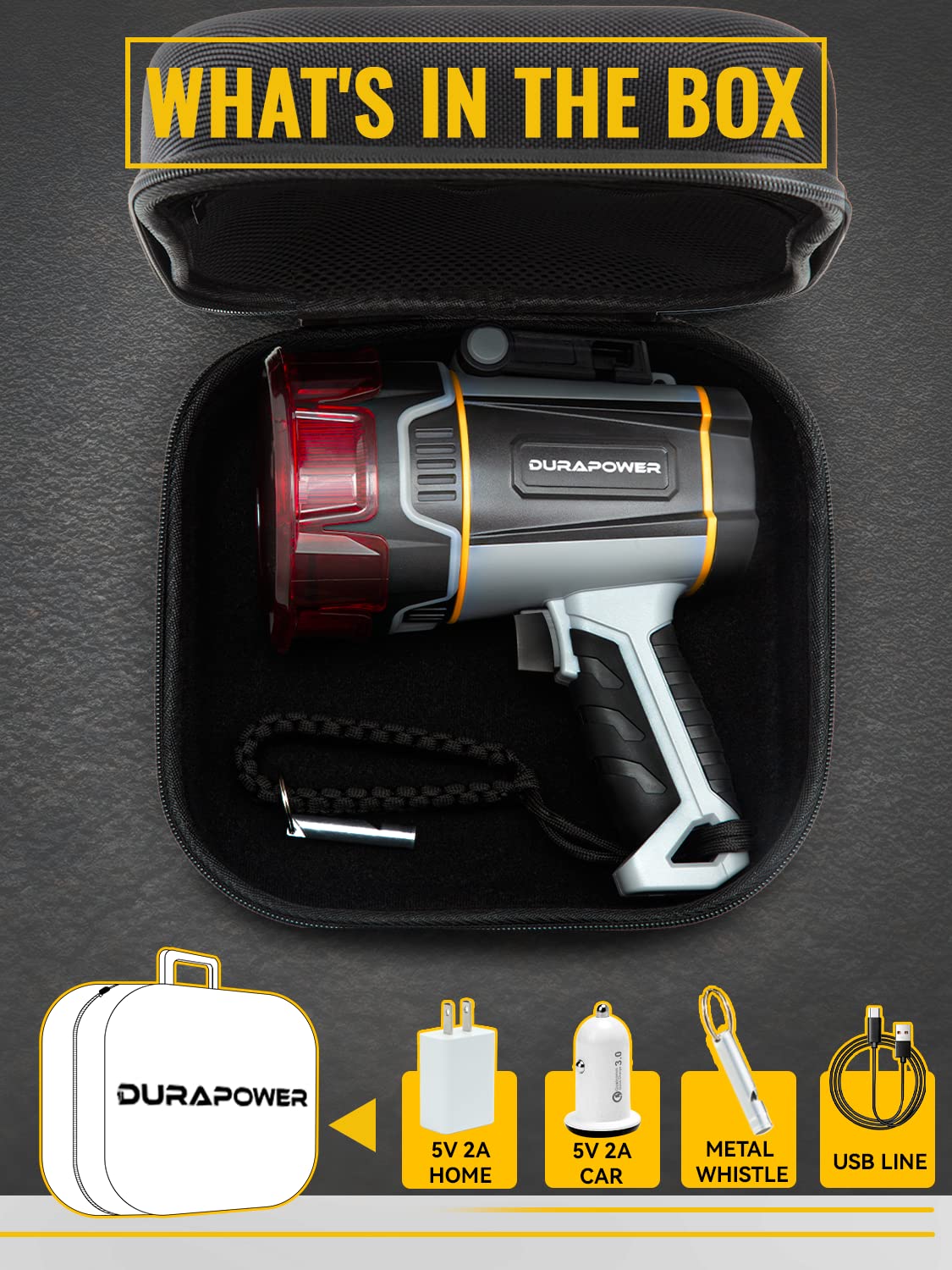 Durapower Rechargeable Spotlight, 300000 Lumens LED Handheld Spotlight, 10000mAh Long Lasting IP68 Waterproof Spotlight Flashlight Portable for Marine Boat Hunting