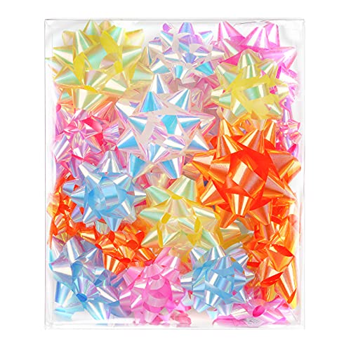 WRAPAHOLIC Holographic Gift Bow Assortment (24 Bows) Light Blue, Pink, Yellow, Orange, White for Birthday, Wedding, Christmas, Baby Shower, Bridal Showers