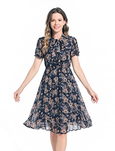 HAOKEKE Women Summer Print Dress Short Sleeves Chiffon Dress Retro Pleated Buttons Down Bow Tie Fairy Lady Dress Blue Flower US 12-14