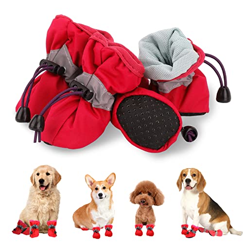 LUZGAT 4PCs Dog Boots Dog Shoes Pow Protector for Summer Hot Pavement for Small Medium Dogs Cat with Non-Slip Sole and Reflective Straps(Red,Size 4)