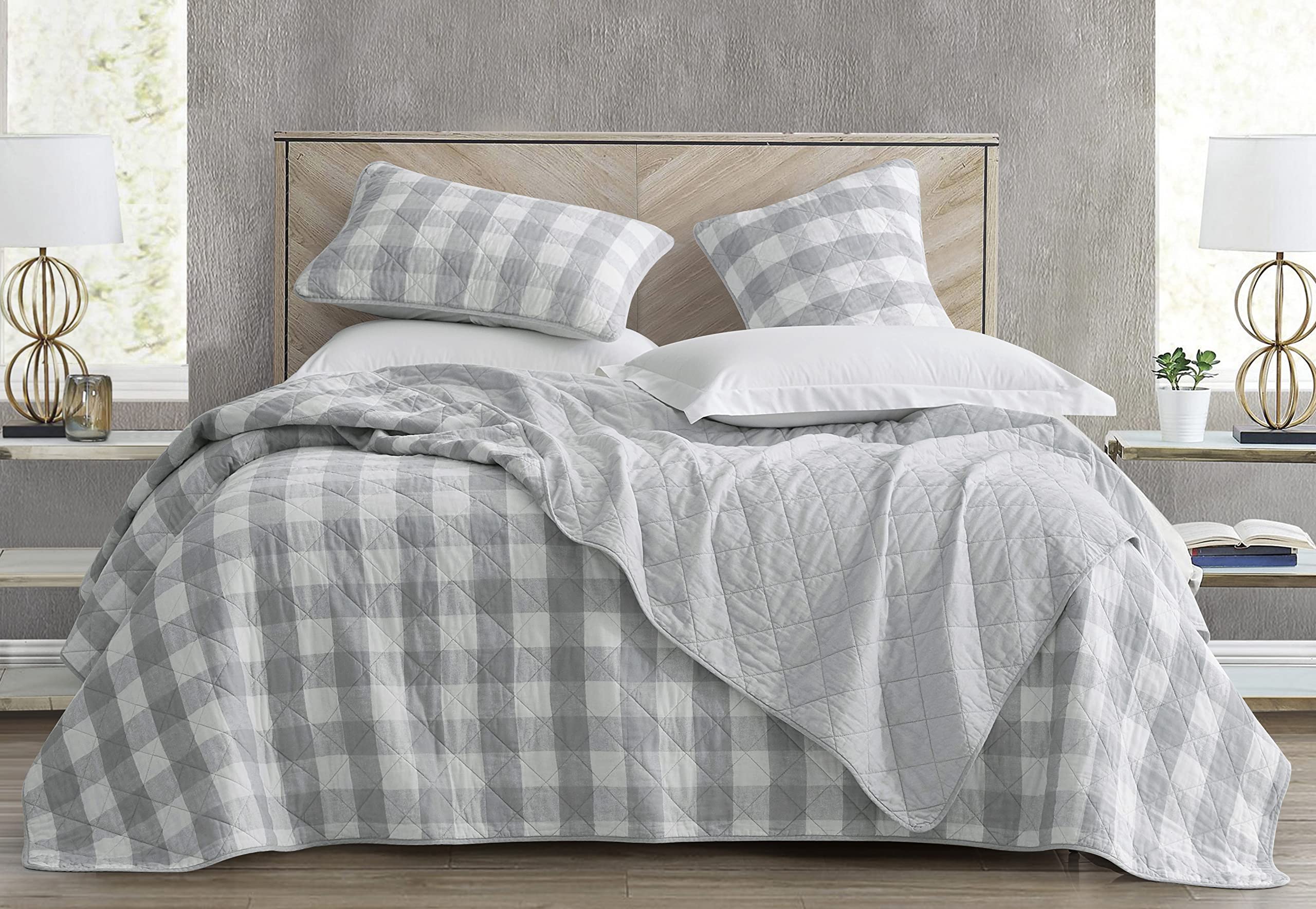 Chezmoi Collection 3-Piece Gray White Plaid Cotton Quilt Set - Buffalo Check Solid Reversible Bedspread - Pre-Washed Cotton Lightweight Coverlet, King Size