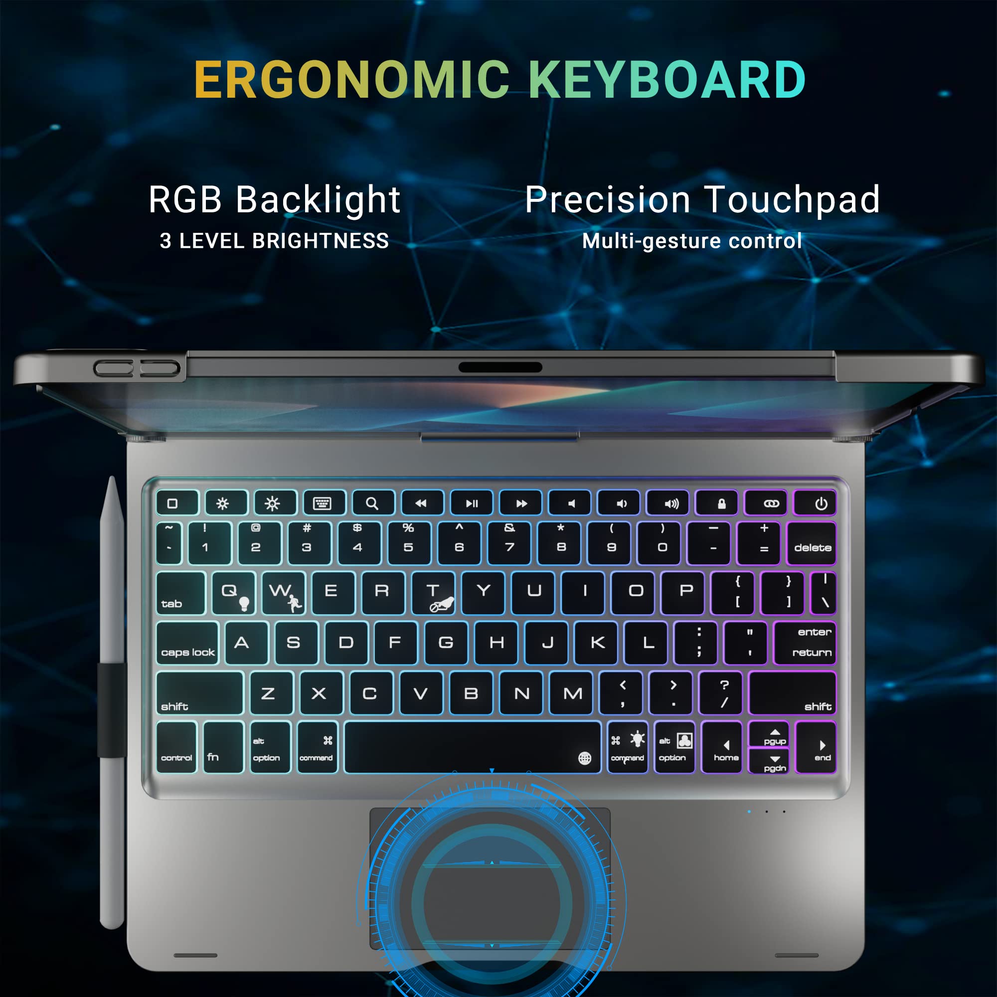 Swivel Keyboard Case for Apple iPad Air 11-inch M2 2024, iPad Pro 11 inch 4th 3rd 2nd 1st,iPad Air 5th 4th Generation 10.9-inch, Trackpad, RGB Backlit, Pencil Holder, Space Gray