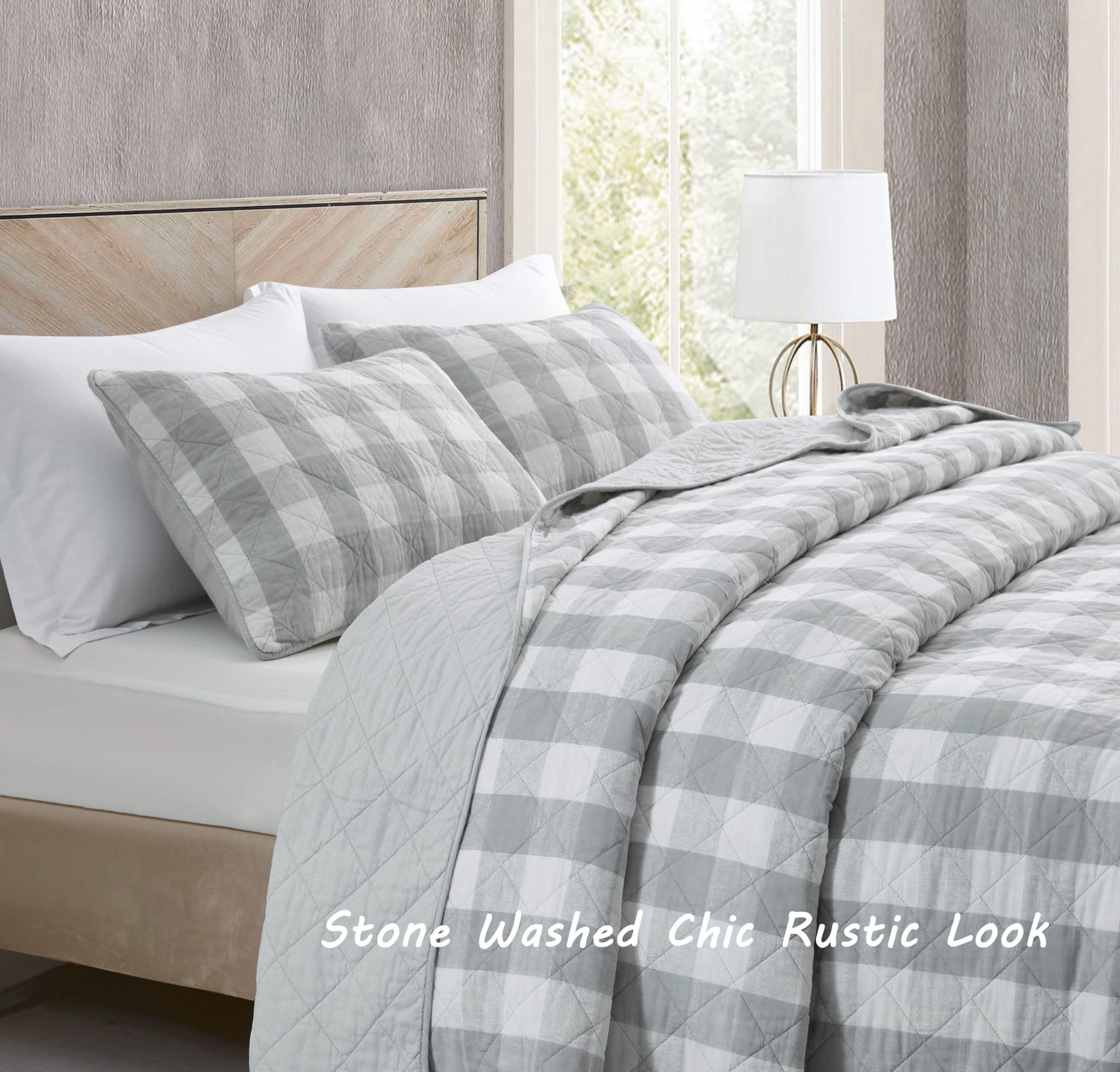 Chezmoi Collection 3-Piece Gray White Plaid Cotton Quilt Set - Buffalo Check Solid Reversible Bedspread - Pre-Washed Cotton Lightweight Coverlet, King Size