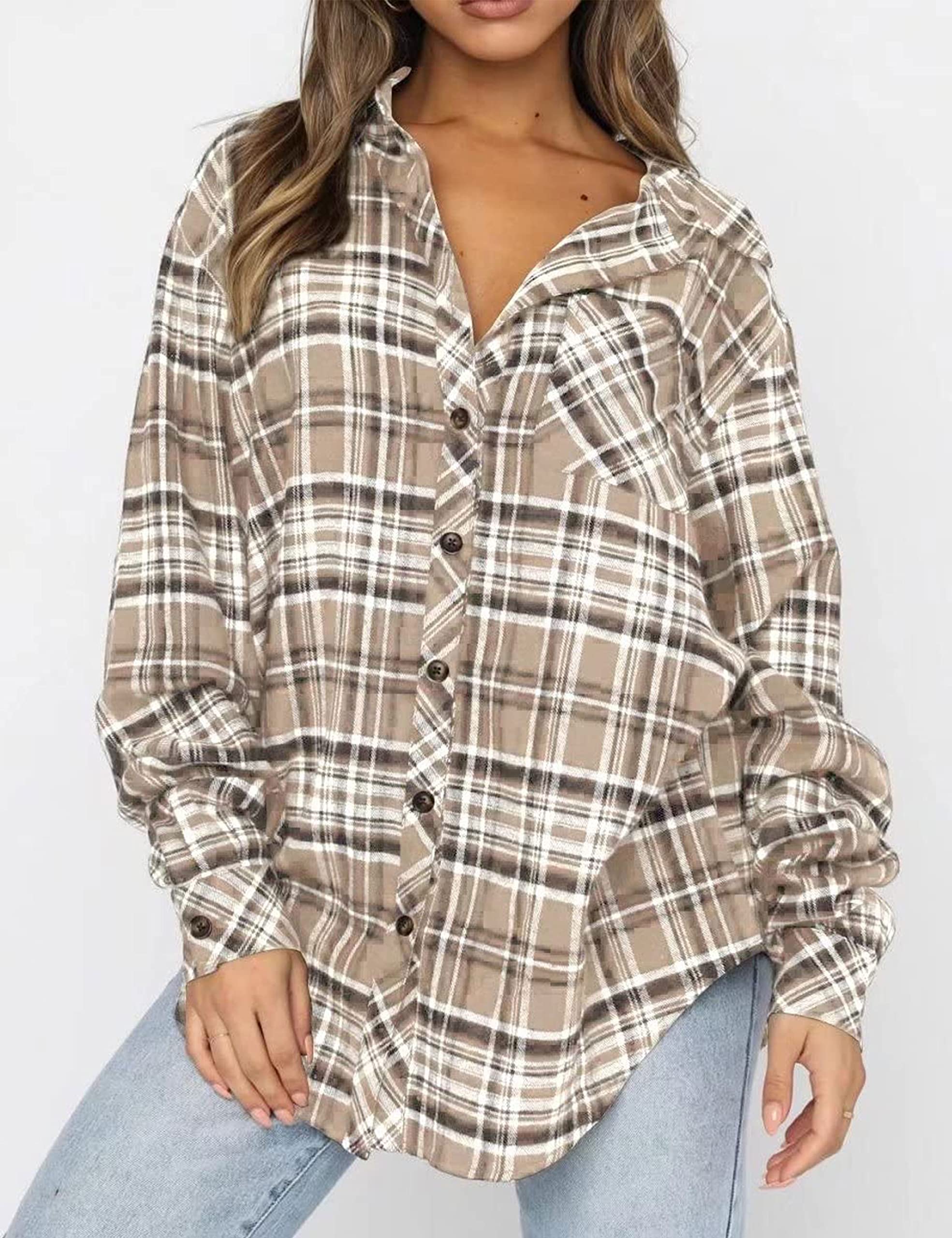 Zontroldy Womens Flannel Plaid Shirts Oversized Long Sleeve Button Down Buffalo Plaid Shirt Blouse Tops (0888-Apricot-M)
