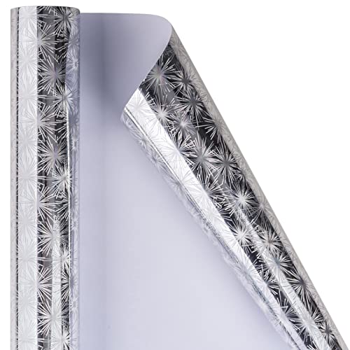LeZakaa Silver Holographic Wrapping Paper - Mini Roll - Firework Print for Birthday, Wedding Shower, Holiday - 17.32 inches x 32.8 Feet (47.23 sq.ft.)
