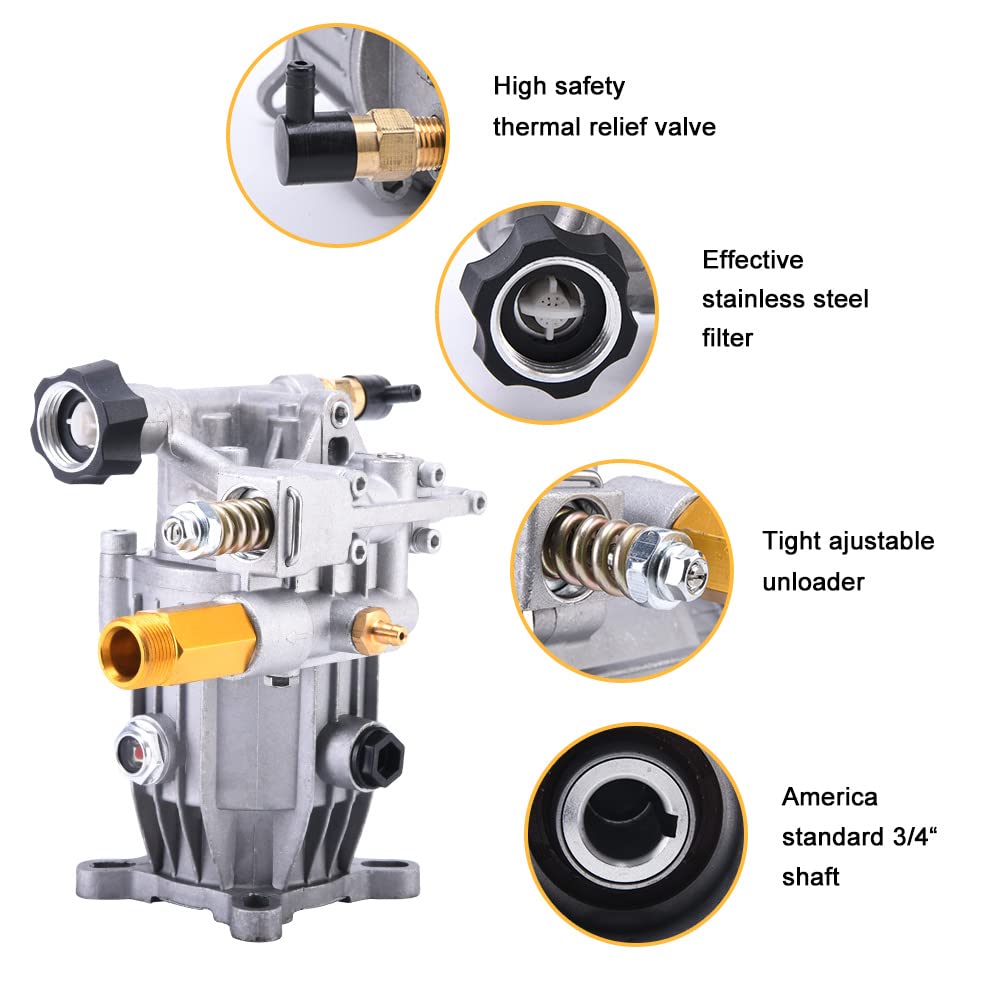 3/4'' Shaft Horizontal Pressure Washer Pump, 3000 PSI@2.5 GPM Power Washer Pump with Nozzle Tips, Hardware and Siphons Tube, Replacement/Accessories for Residential and Industrial Gas Powered Washer