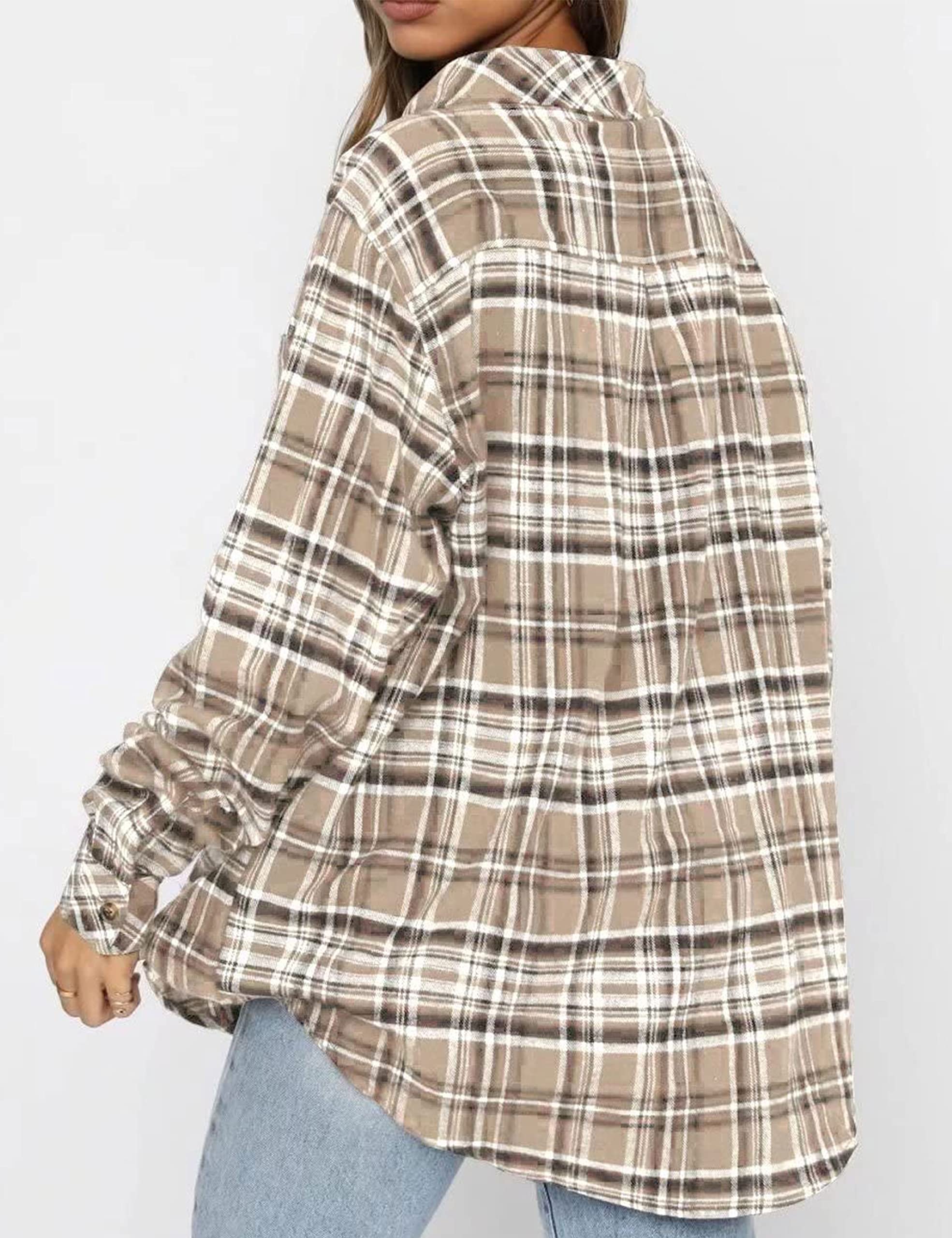 Zontroldy Womens Flannel Plaid Shirts Oversized Long Sleeve Button Down Buffalo Plaid Shirt Blouse Tops (0888-Apricot-M)