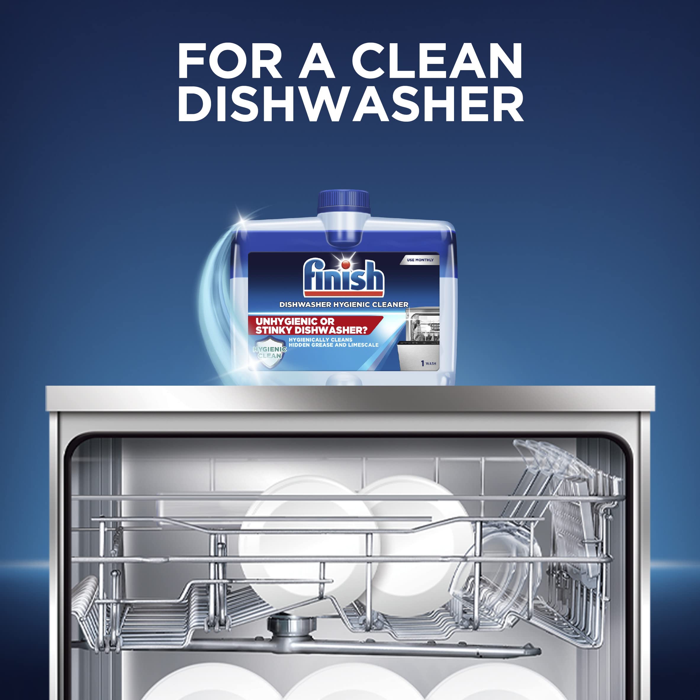 Finish Dishwasher Cleaner Liquid, 4 pack (8.45oz each), Dual Action: Hygienically Cleans Hidden Grease & Limescale, Fresh Scent – 1 Year Supply