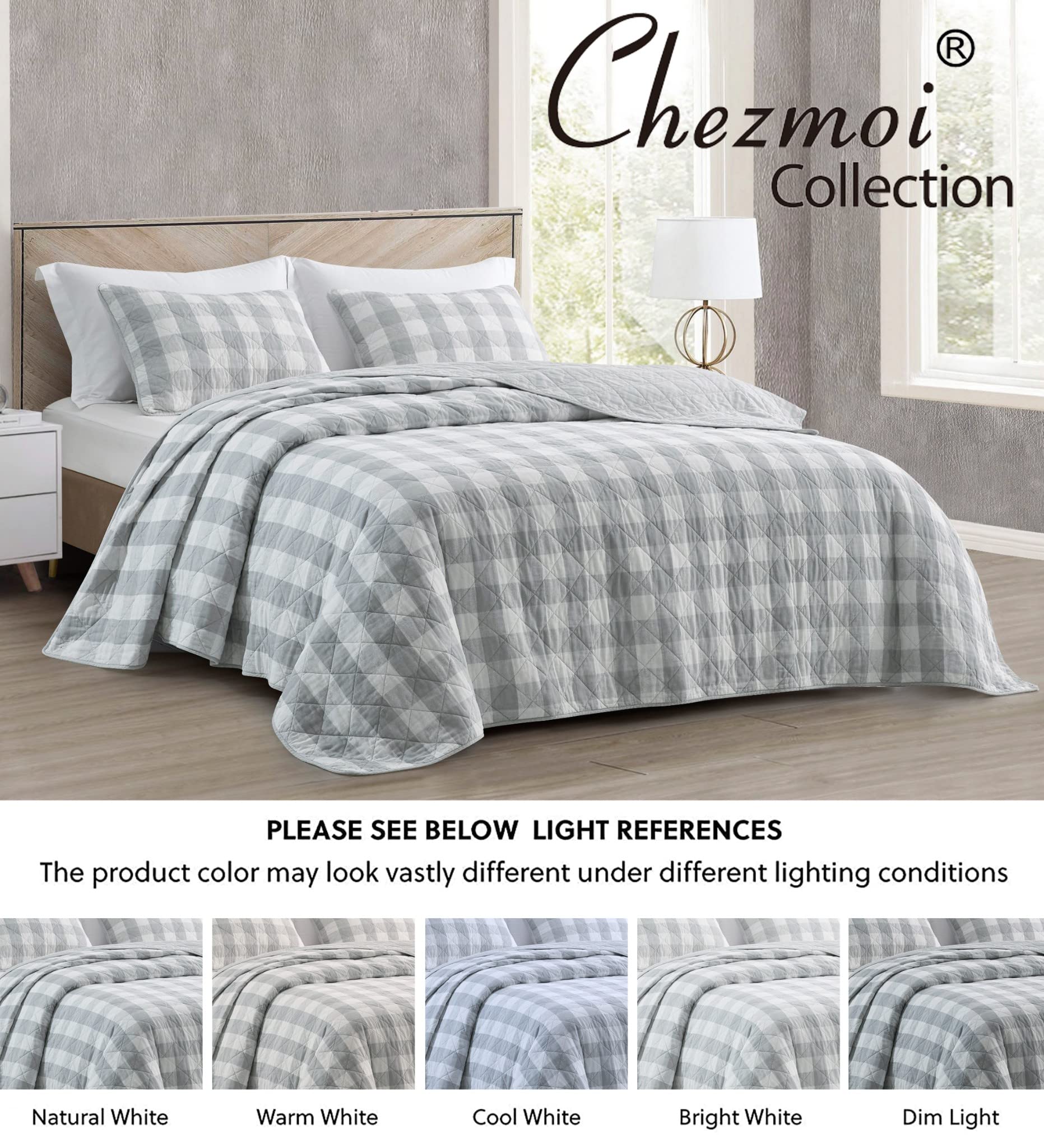 Chezmoi Collection 3-Piece Gray White Plaid Cotton Quilt Set - Buffalo Check Solid Reversible Bedspread - Pre-Washed Cotton Lightweight Coverlet, King Size