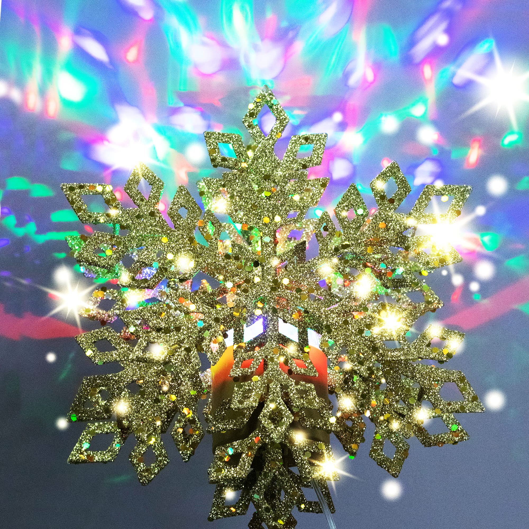 Christmas Tree Topper,Lighted Glitter Snowflake Tree Topper with Neon Lights for Christmas Tree and Holiday Seasonal Decoration(Gold)