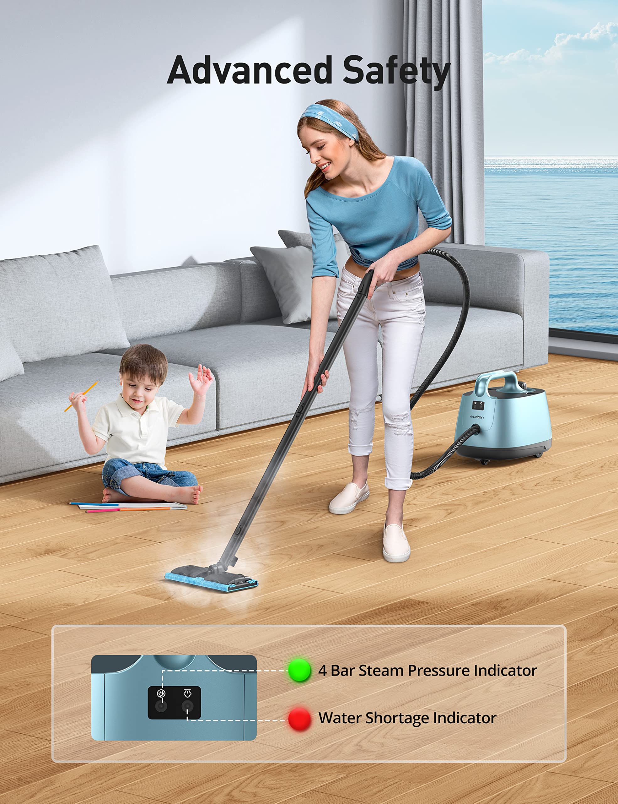 Aspiron Steamer with 21 Accessories, Portable Multipurpose Steam Cleaner for Car 5 Mins Heating with 1.5L Tank, Heavy Duty Steam Cleaner Carpet and Upholstery, Floors, Tiles, Car