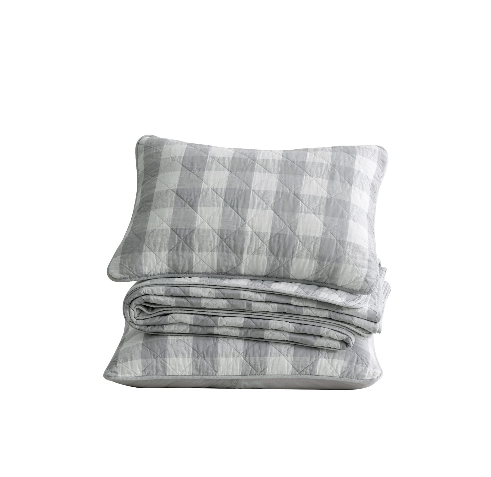Chezmoi Collection 3-Piece Gray White Plaid Cotton Quilt Set - Buffalo Check Solid Reversible Bedspread - Pre-Washed Cotton Lightweight Coverlet, King Size