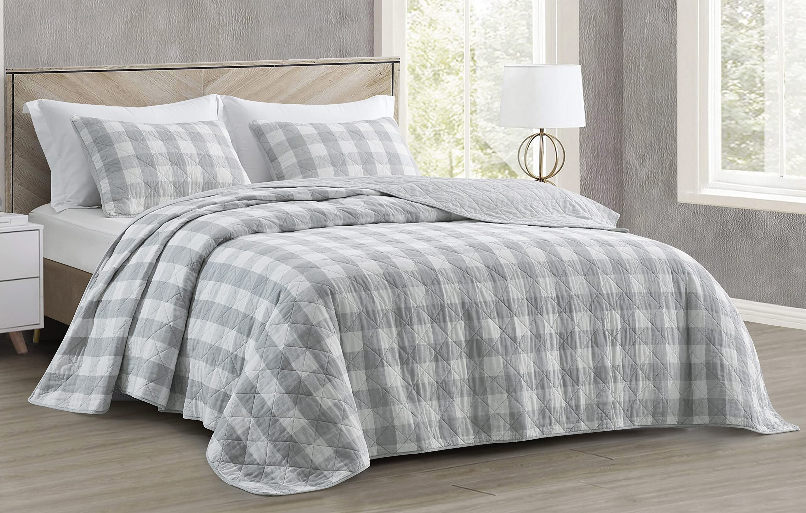 Chezmoi Collection 3-Piece Gray White Plaid Cotton Quilt Set - Buffalo Check Solid Reversible Bedspread - Pre-Washed Cotton Lightweight Coverlet, King Size
