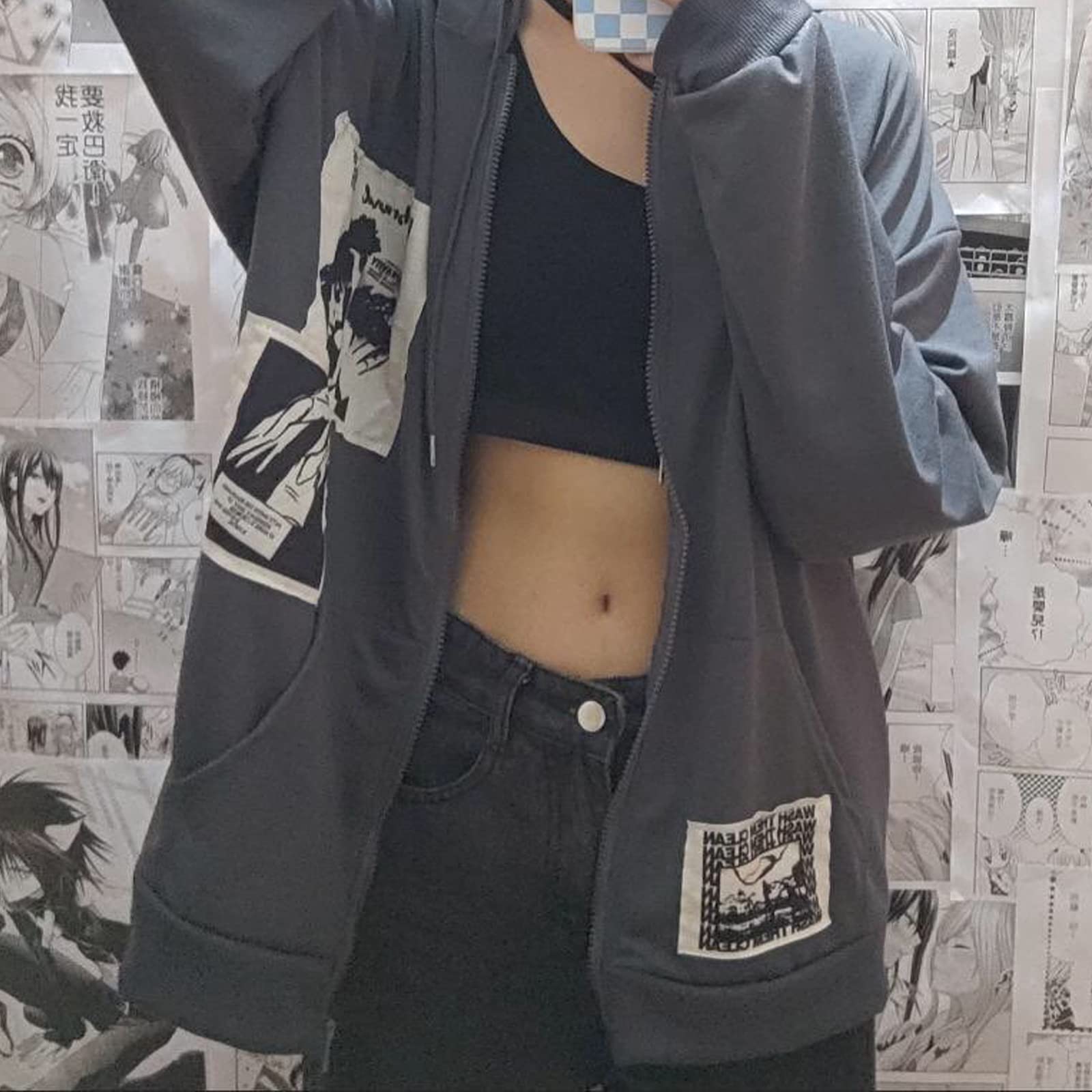 Alt Emo Clothes Women Oversized Zip Up Hoodies Rhinestone Y2k Aesthetic Skeleton Sweatshirts Grunge Gothic Jacket Streetwear (S,b)