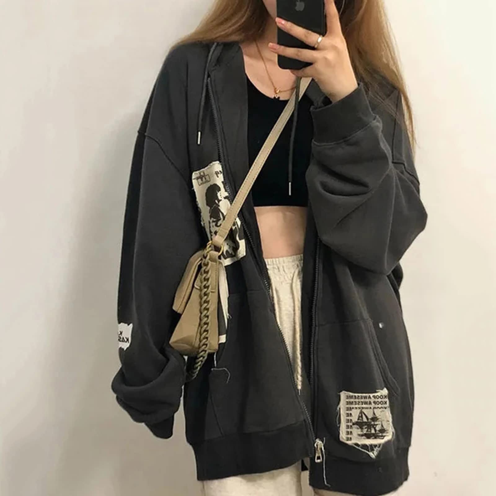 Alt Emo Clothes Women Oversized Zip Up Hoodies Rhinestone Y2k Aesthetic Skeleton Sweatshirts Grunge Gothic Jacket Streetwear (S,b)