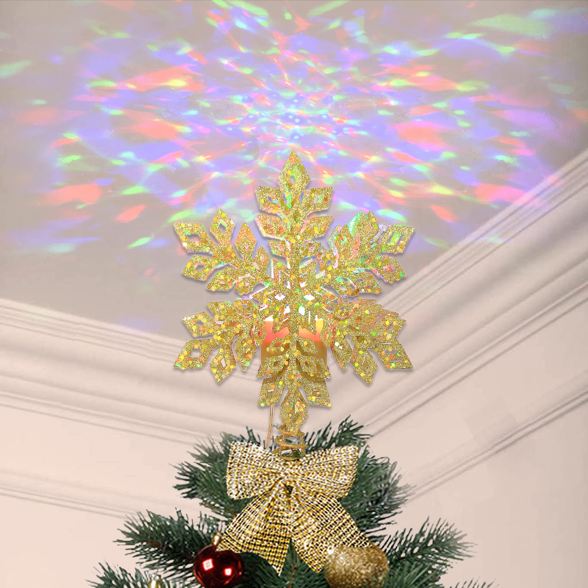 Christmas Tree Topper,Lighted Glitter Snowflake Tree Topper with Neon Lights for Christmas Tree and Holiday Seasonal Decoration(Gold)
