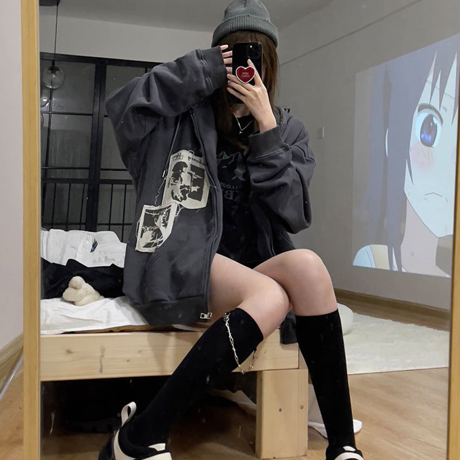 Alt Emo Clothes Women Oversized Zip Up Hoodies Rhinestone Y2k Aesthetic Skeleton Sweatshirts Grunge Gothic Jacket Streetwear (S,b)